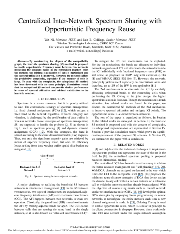 (PDF) Centralized Inter-Network Spectrum Sharing with Opportunistic Frequency Reuse