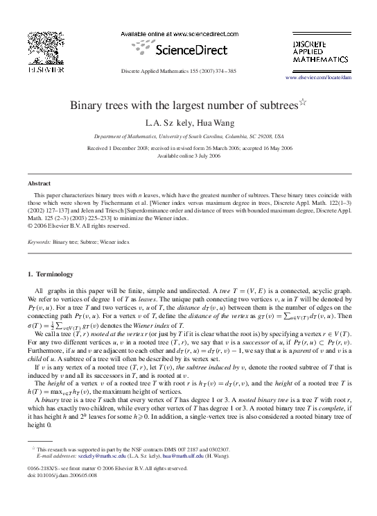 (PDF) Binary trees with the largest number of subtrees | Laszlo Szekely - Academia.edu