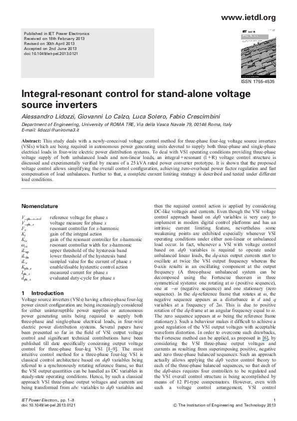 (PDF) Integral-resonant control for stand-alone voltage source inverters