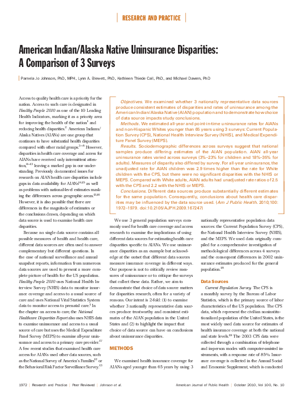 (PDF) American Indian/Alaska Native Uninsurance Disparities: A Comparison of 3 Surveys
