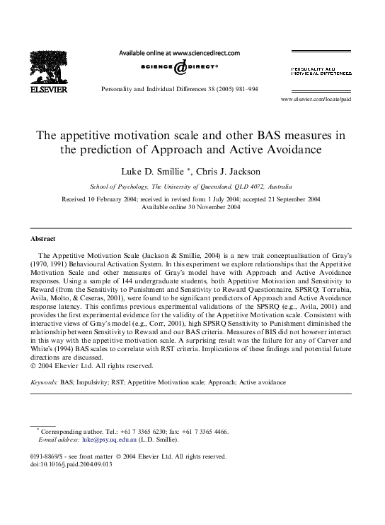 (PDF) The appetitive motivation scale and other BAS measures in the ...