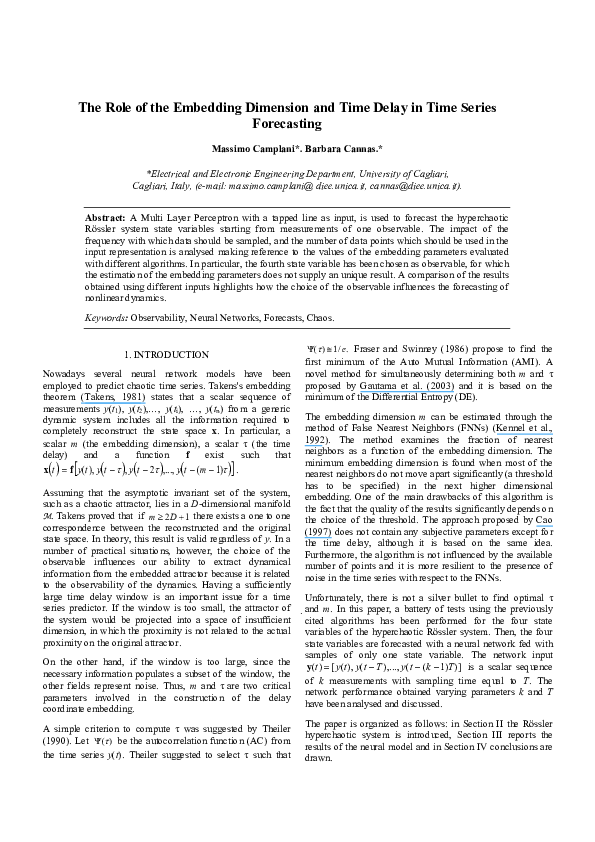 Pdf The Role Of The Embedding Dimension And Time Delay In Time Series Forecasting