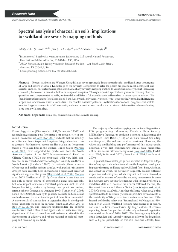(PDF) Spectral analysis of charcoal on soils: implicationsfor wildland fire severity mapping methods