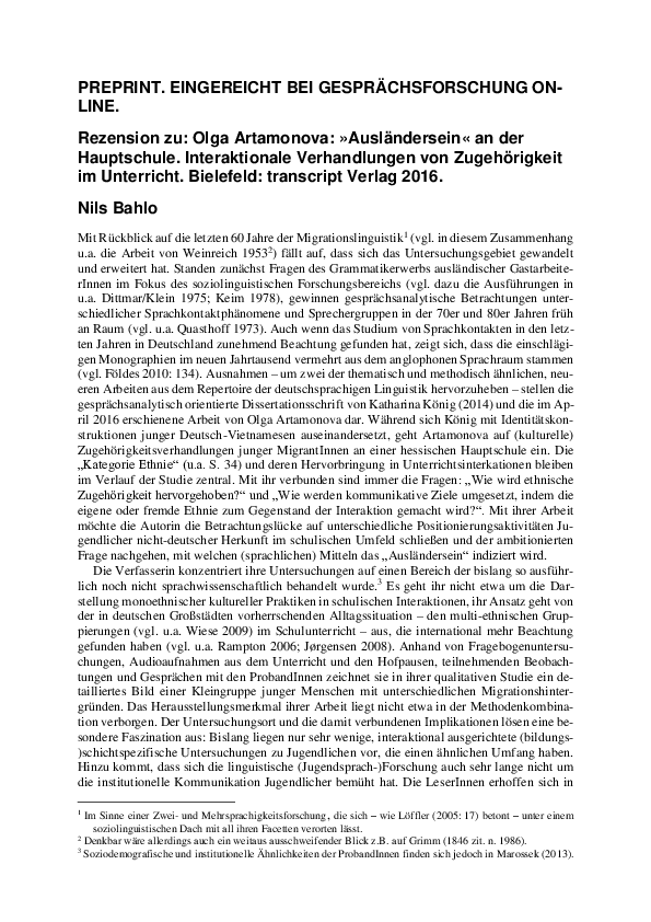 Bahlo, Nils (2017): Rezension zu Olga Artamonova: Ausländersein an der ...