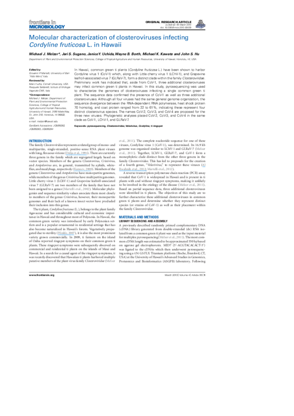 (PDF) Molecular characterization of closteroviruses infecting Cordyline ...