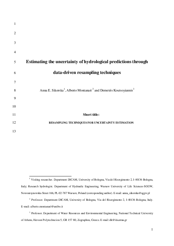 (PDF) Estimating the Uncertainty of Hydrological Predictions through Data-Driven Resampling ...