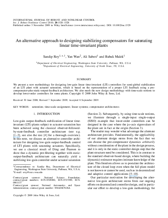(PDF) An alternative approach to designing stabilizing compensators for saturating linear time ...