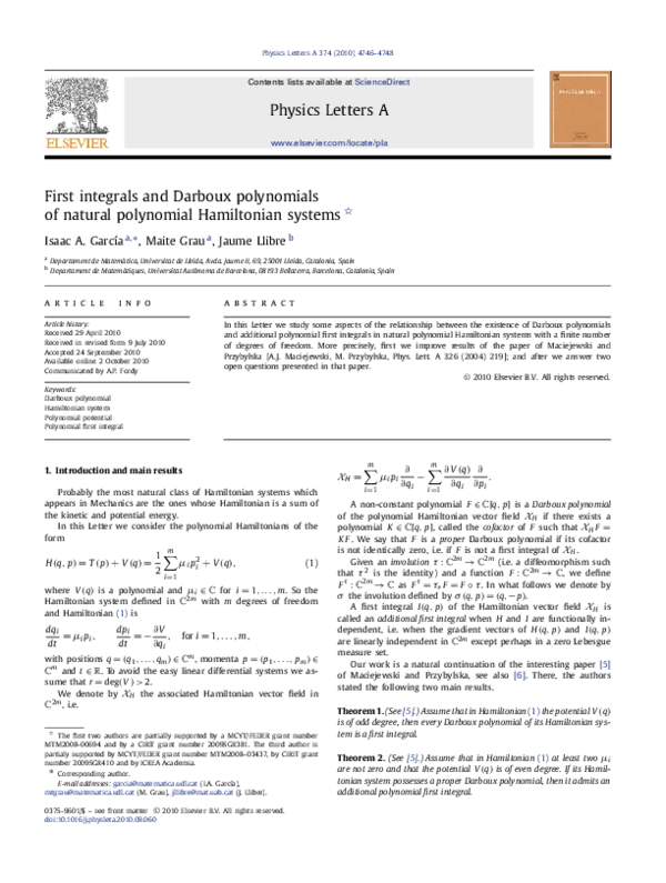 (PDF) First integrals and Darboux polynomials of natural polynomial Hamiltonian systems