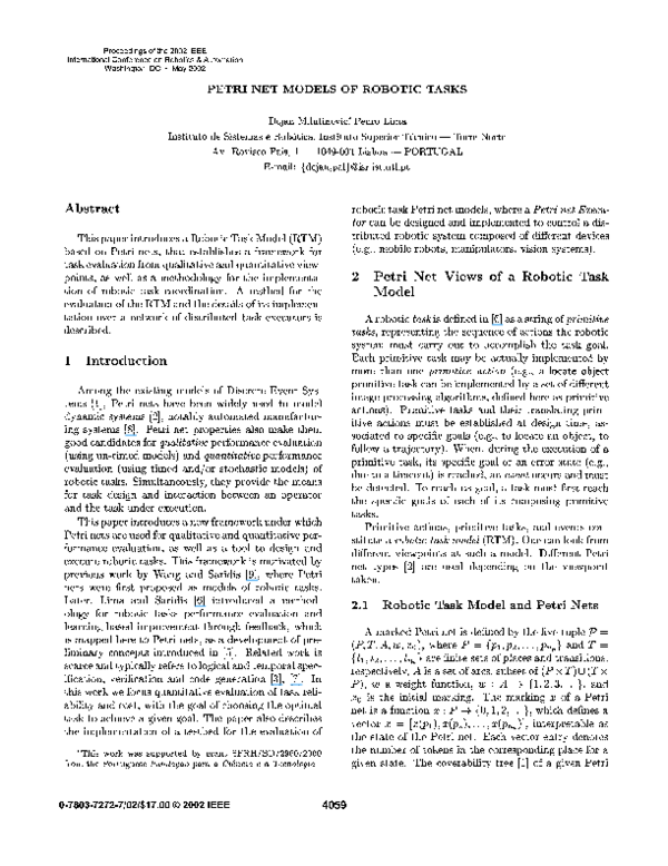 (PDF) Petri Net Models of Robotic Tasks