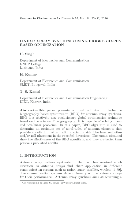 (PDF) Linear Array Synthesis Using Biogeography Based Optimization