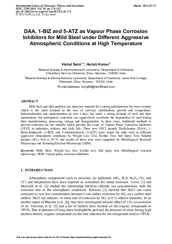 (PDF) DAA, 1-BIZ and 5-ATZ as Vapour Phase Corrosion Inhibitors for ...
