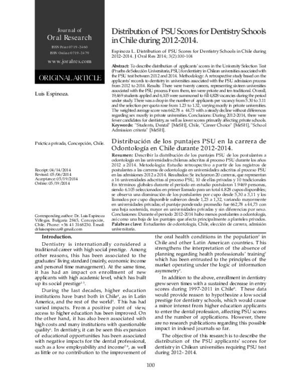 (PDF) Distribution of PSU Scores for Dentistry Schools in Chile during ...