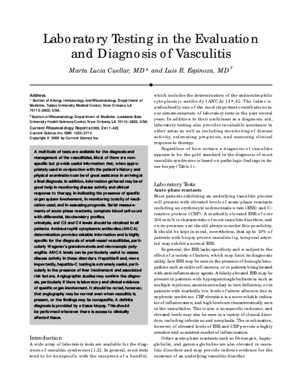 (PDF) Laboratory testing in the evaluation and diagnosis of vasculitis