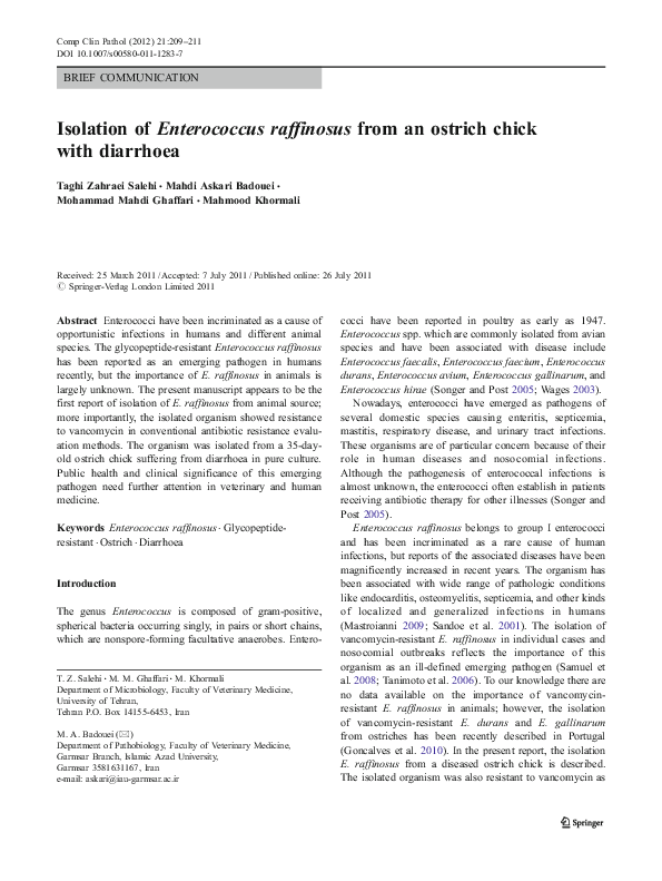 (PDF) Isolation of Enterococcus raffinosus from an ostrich chick with ...