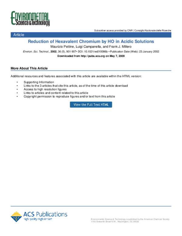(PDF) Reduction of Hexavalent Chromium by H 2 O 2 in Acidic Solutions