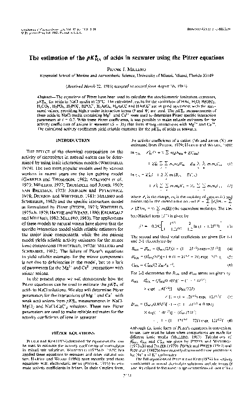 (PDF) The estimation of the pK∗HA of acids in seawater using the Pitzer ...