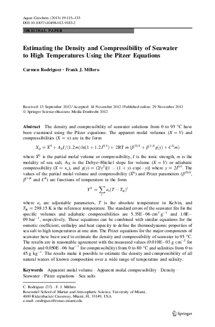 (PDF) Estimating the Density and Compressibility of Seawater to High ...