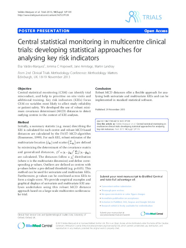 (PDF) Central statistical monitoring in multicentre clinical trials: developing statistical ...