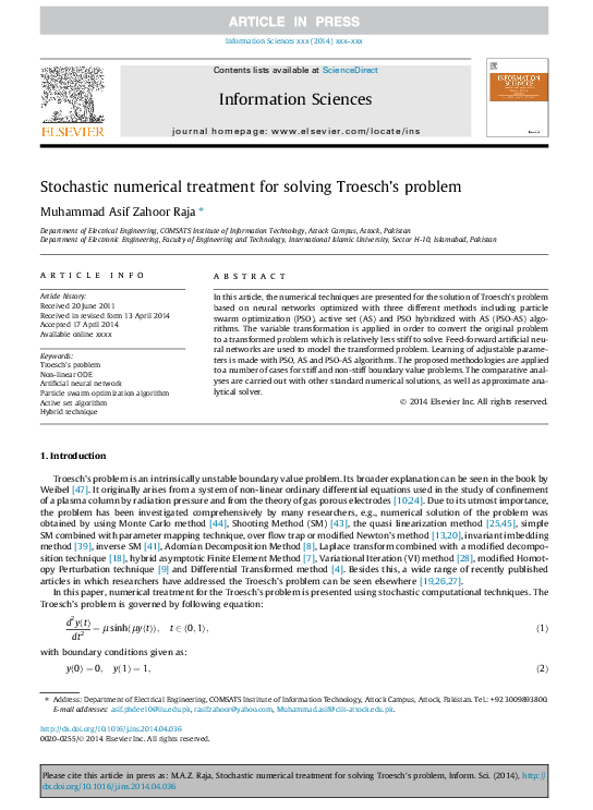 (PDF) Stochastic numerical treatment for solving Troesch’s problem