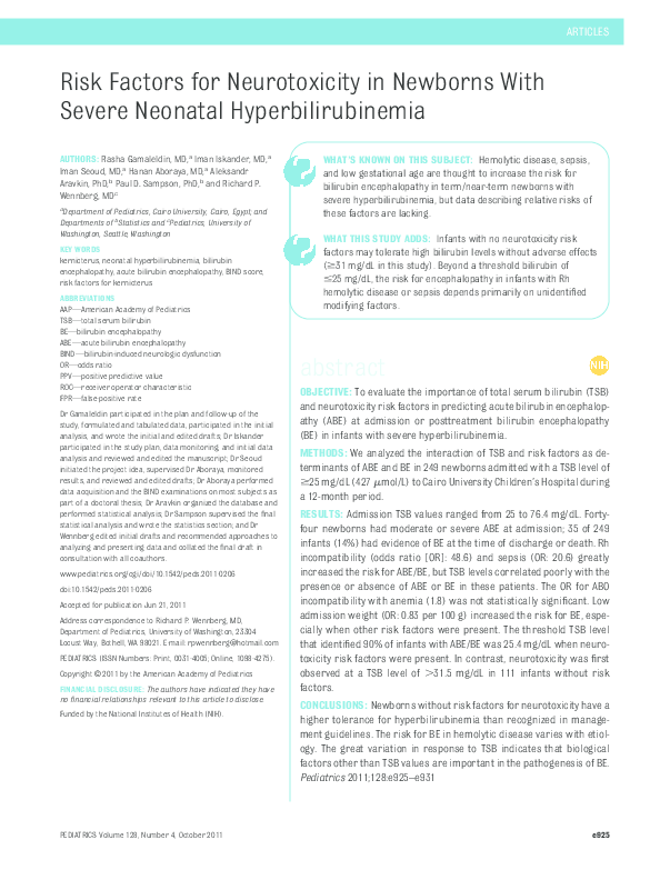 (PDF) Risk Factors for Neurotoxicity in Newborns With Severe Neonatal ...