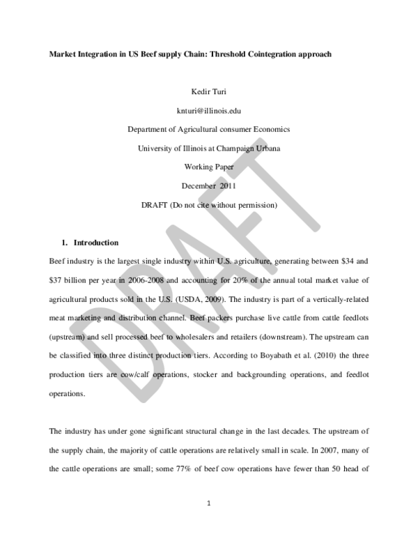 (PDF) Market Integration in US Beef supply Chain: Threshold Cointegration approach