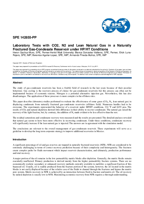 (PDF) Laboratory Tests with CO2, N2 and Lean Natural Gas in a Naturally ...