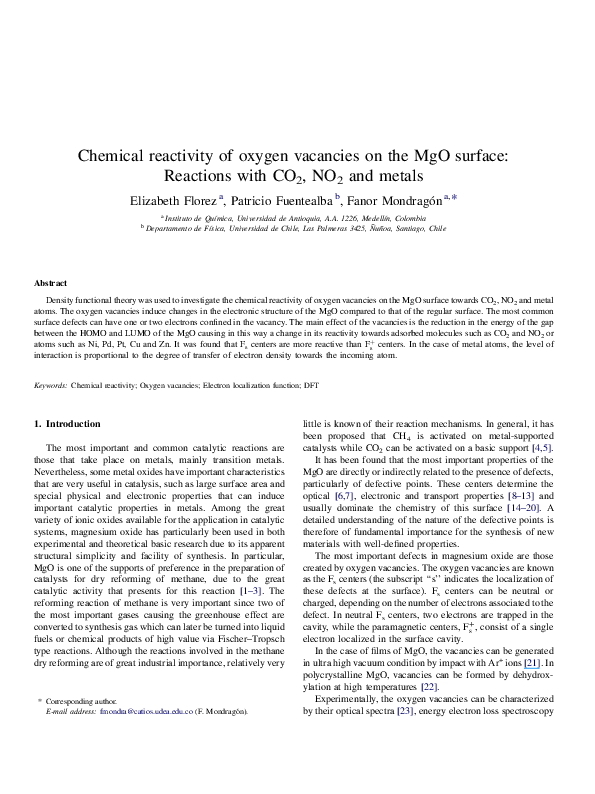 (PDF) Chemical reactivity of oxygen vacancies on the MgO surface ...