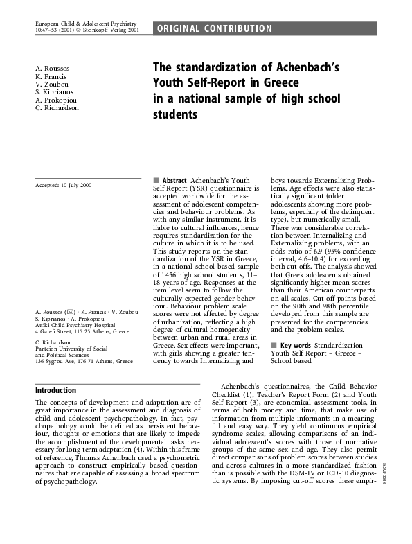 (PDF) Standardization of Achenbach's YSR for Greek High Schoolers