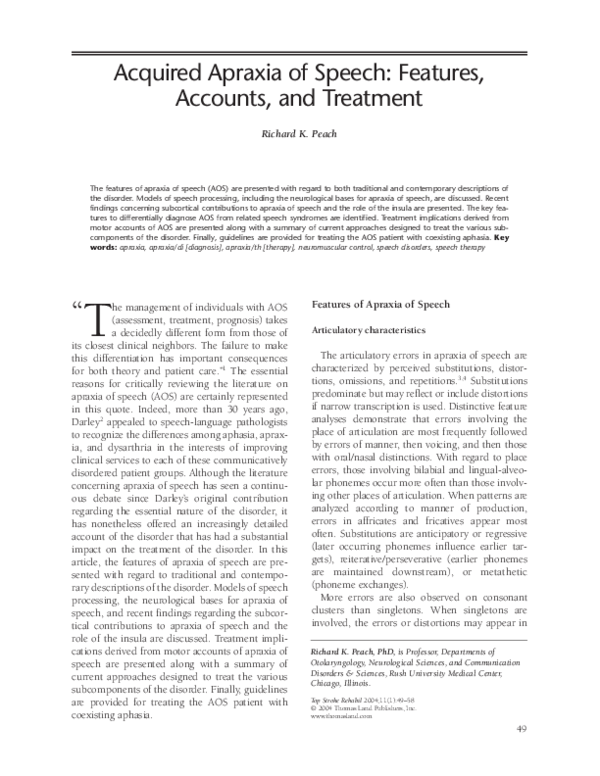 (PDF) Acquired apraxia of speech: Features, accounts, and treatment