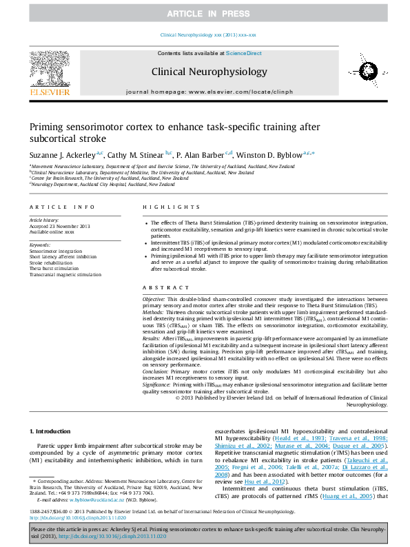 Pdf Priming Sensorimotor Cortex To Enhance Task Specific Training