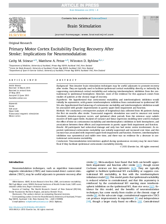 (PDF) Primary motor cortex excitability during recovery after stroke ...