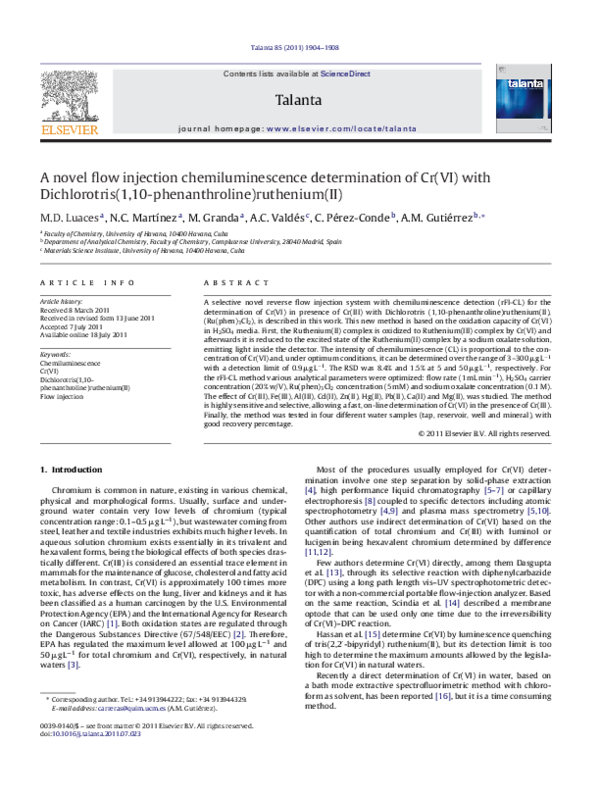 Pdf A Novel Flow Injection Chemiluminescence Determination Of Cr Vi With Dichlorotris 1 10