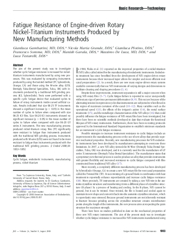 (PDF) Fatigue Resistance of Engine-Driven Rotary Nickel-Titanium ...