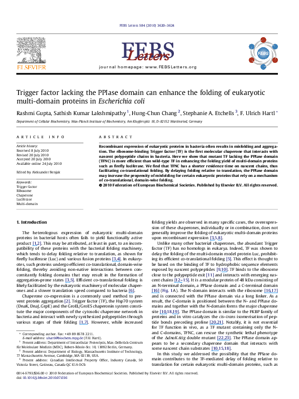 (PDF) Trigger factor lacking the PPIase domain can enhance the folding ...