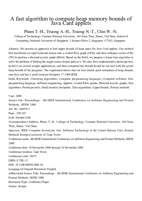 Pdf A Fast Algorithm To Compute Heap Memory Bounds Of Java Card Applets