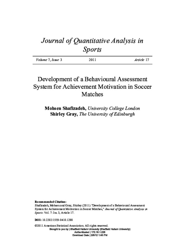 (PDF) Development of a Behavioural Assessment System for Achievement Motivation in Soccer Matches
