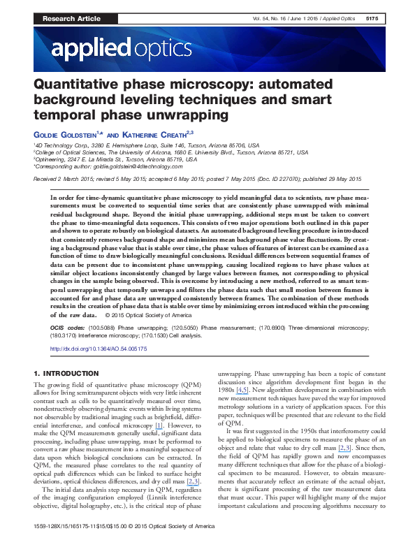Pdf Quantitative Phase Microscopy Automated Background Leveling Techniques And Smart Temporal