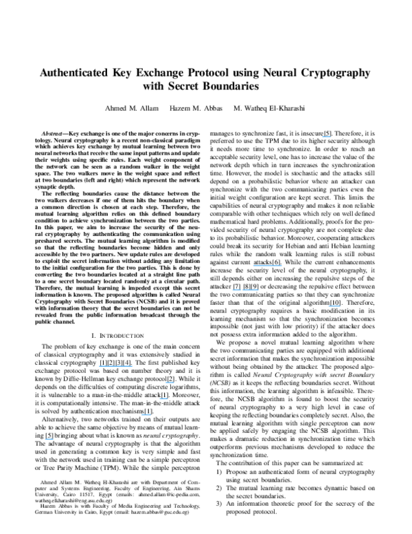 (PDF) Authenticated key exchange protocol using neural cryptography with secret boundaries