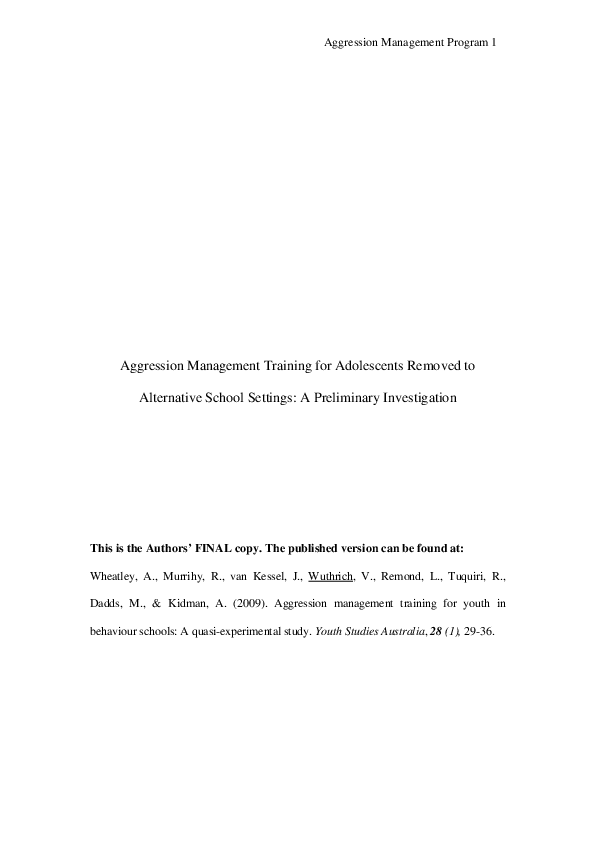 (PDF) Aggression Management Training for Youth in Behaviour Schools: A ...