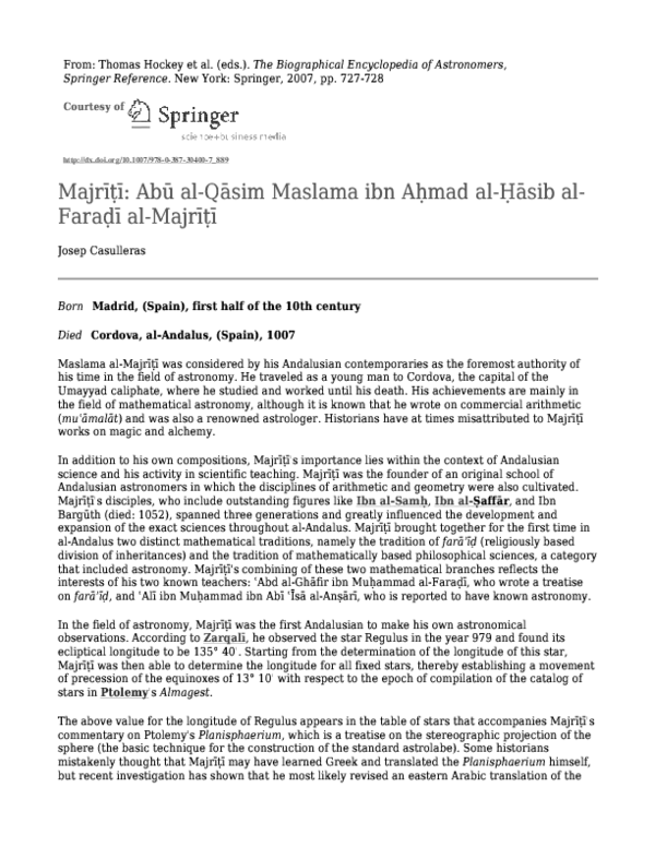 (PDF) al-Majriti, Maslama, Born Madrid,(Spain), first half of the 10th ...
