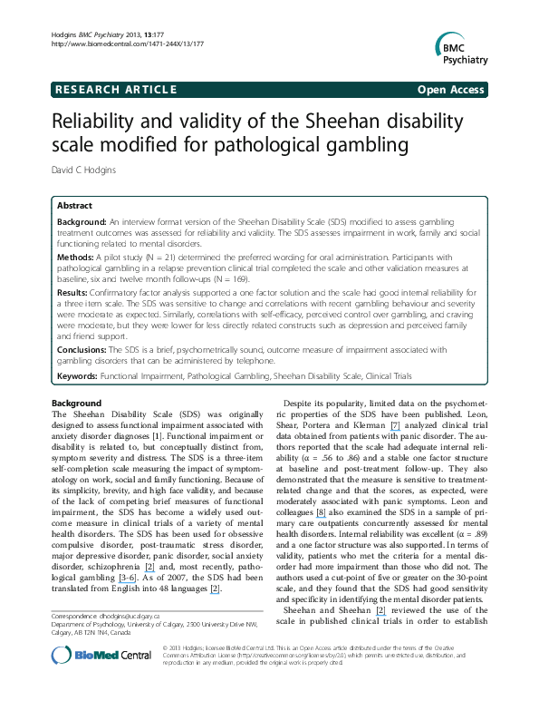 (PDF) Reliability and validity of the Sheehan disability scale modified for pathological gambling