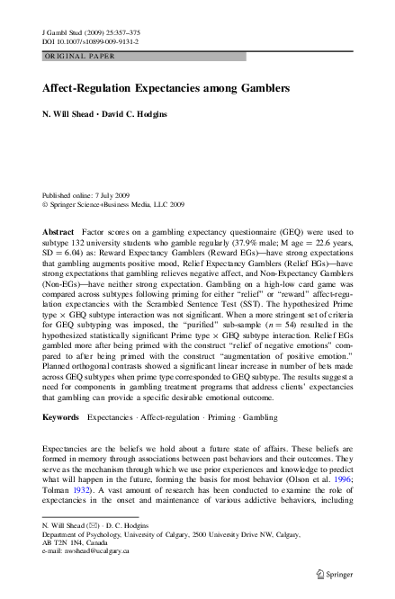 (PDF) Affect-Regulation Expectancies among Gamblers