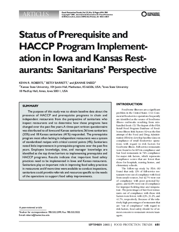 (PDF) Status of prerequisite and HACCP program implementation in Iowa ...