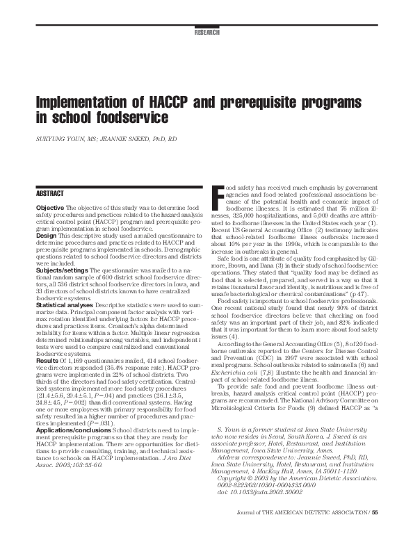 (PDF) Implementation of HACCP and prerequisite programs in school ...