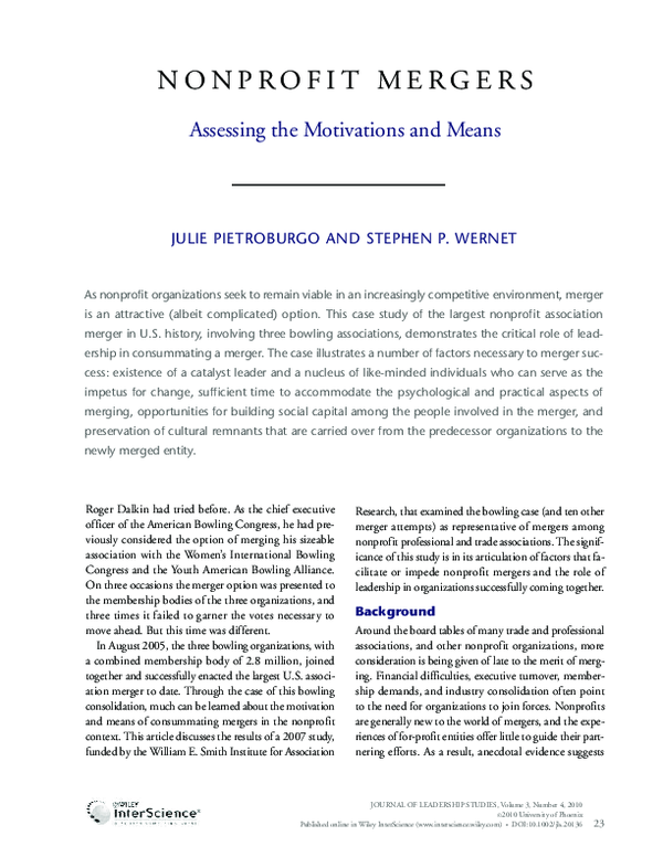 (PDF) Nonprofit mergers: Assessing the motivations and means