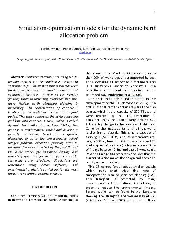 (PDF) Simulation-Optimization Models for the Dynamic Berth Allocation ... (PDF) Simulation-Optimization Models for the Dynamic Berth Allocation ...