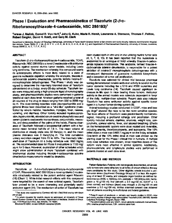 (PDF) Phase I evaluation and pharmacokinetics of tiazofurin (2-beta-D ...