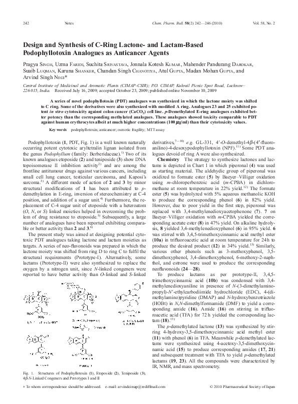 (PDF) Design and Synthesis of C-Ring Lactone- and Lactam-Based Podophyllotoxin Analogues as ...