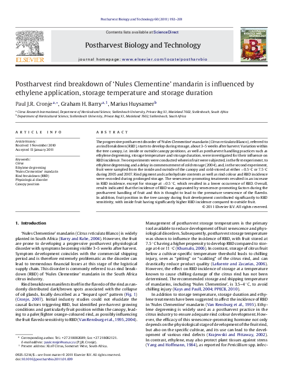 (PDF) Postharvest rind breakdown of ‘Nules Clementine’ mandarin is ...