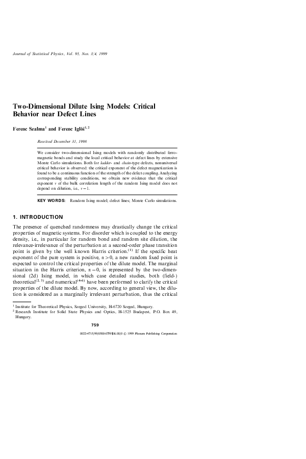 Pdf Two Dimensional Dilute Ising Models Critical Behavior Near Defect Lines